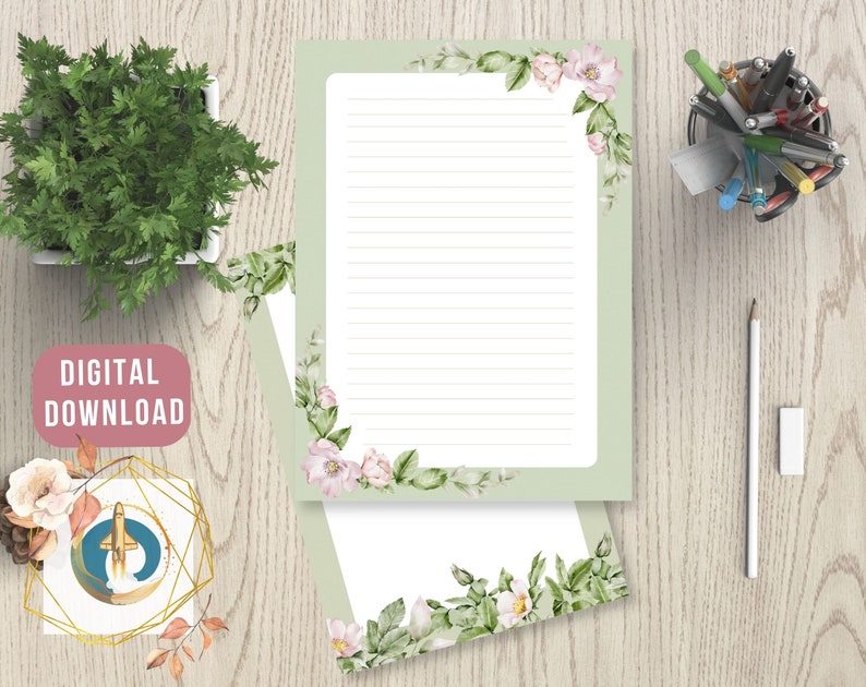 Sage Floral Stationery Printable Sage , PDF Digital Stationery Spring ...