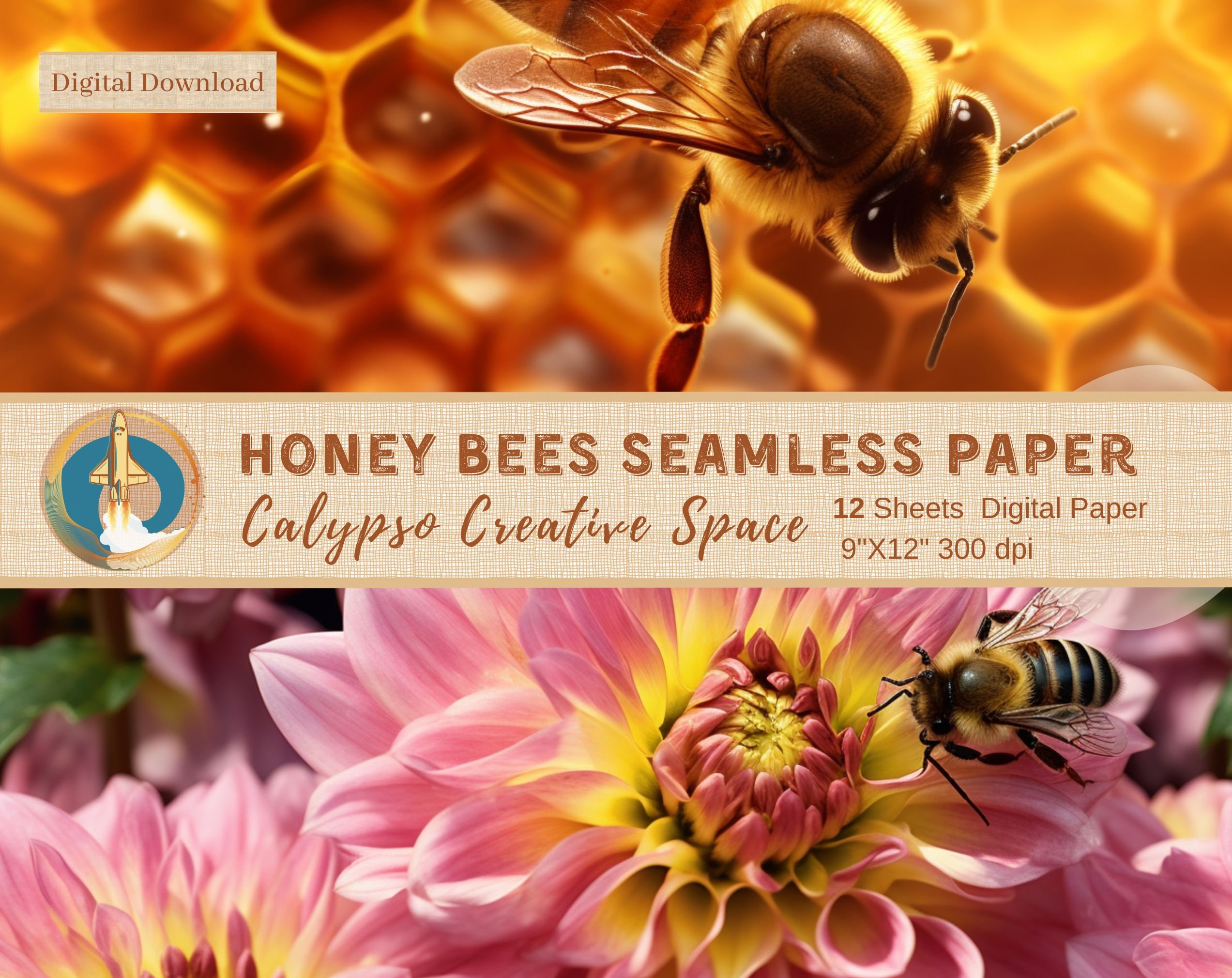 Honey Bees Honey Comb Flower Digital Paper Seamless Paper Background ...