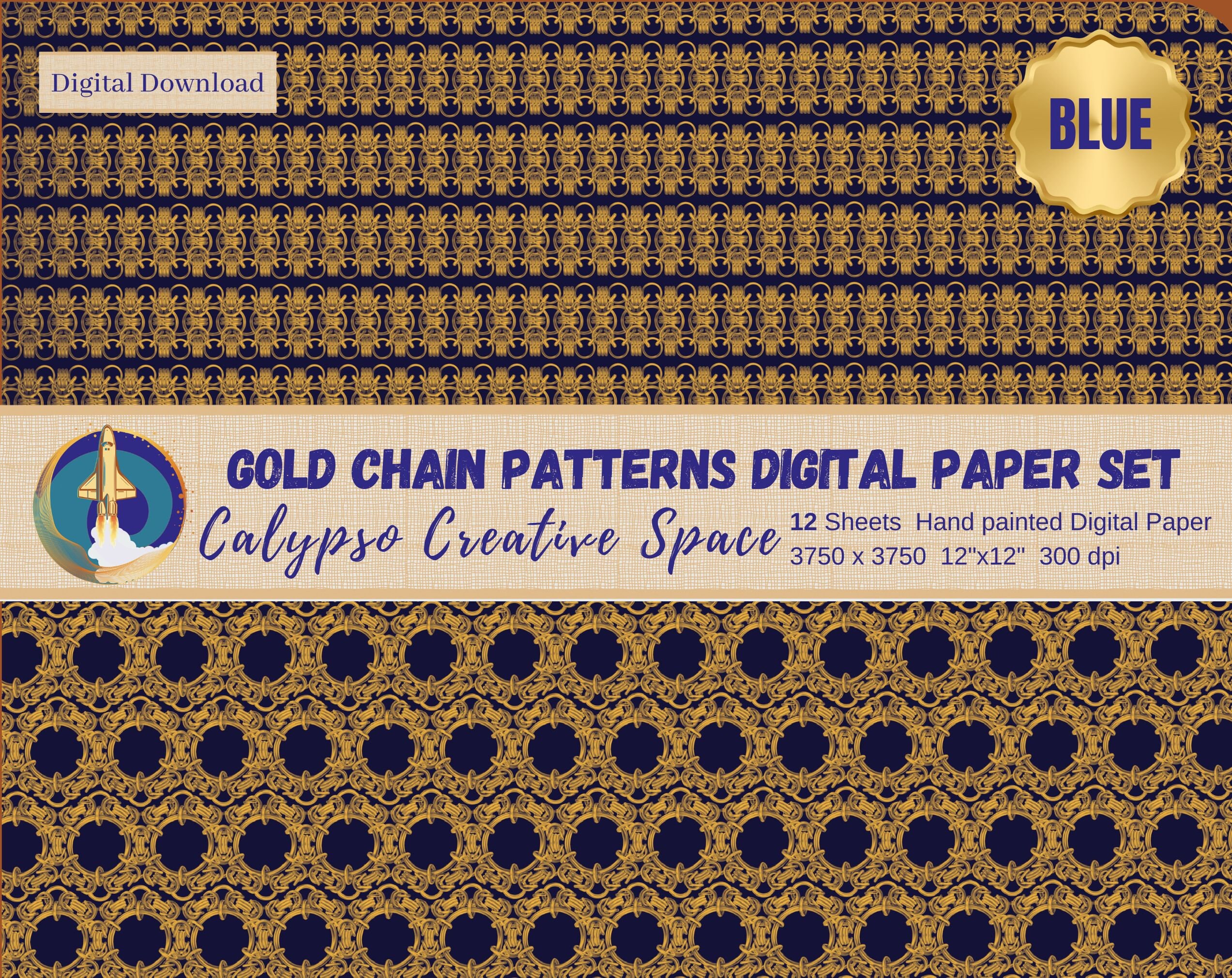 Gold Chain Pattern Digital Paper Set BLUE Instant Download Hand Painted ...
