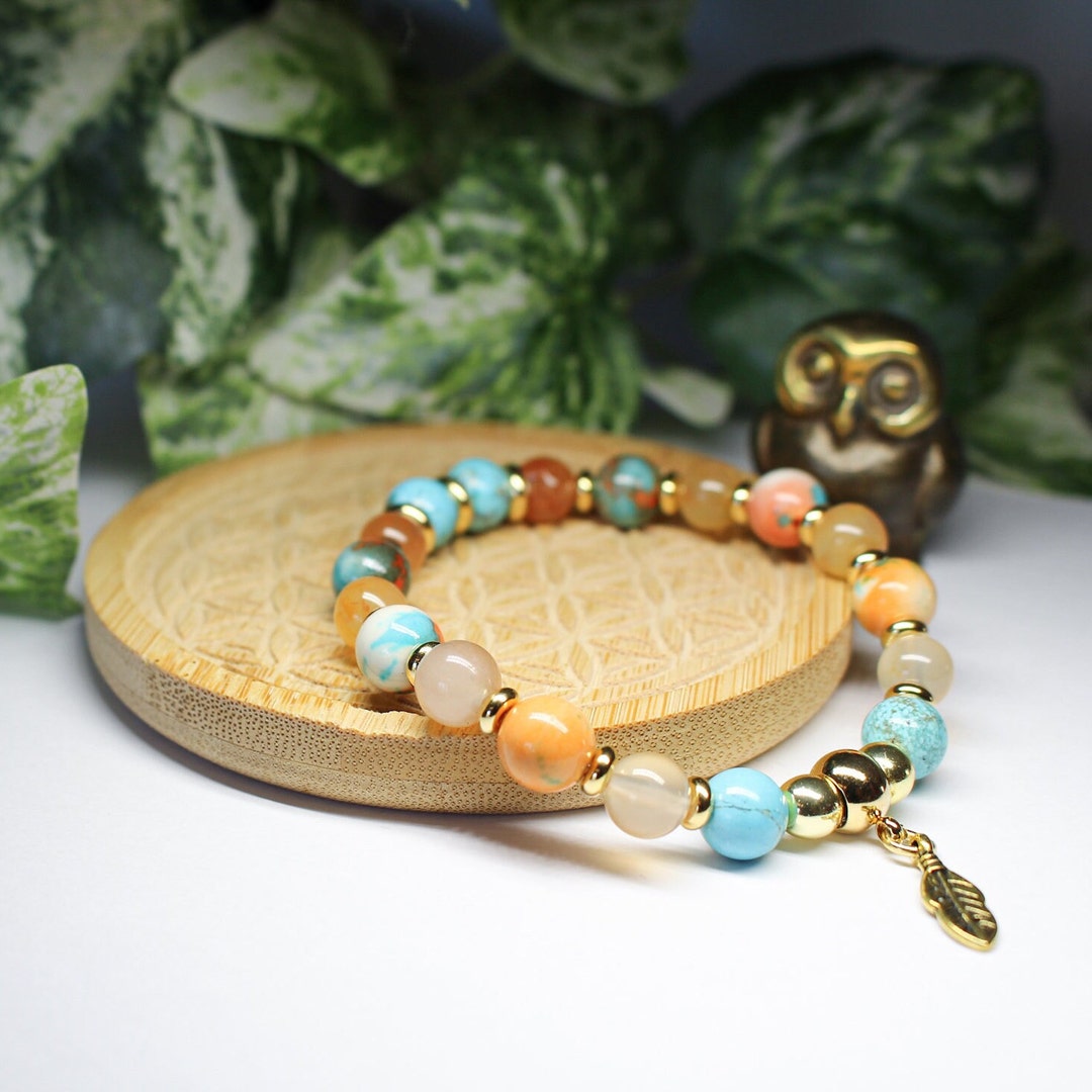 RIO Model Bracelet in Natural Gemstone Beads Turquoise, Pink Aventurine ...