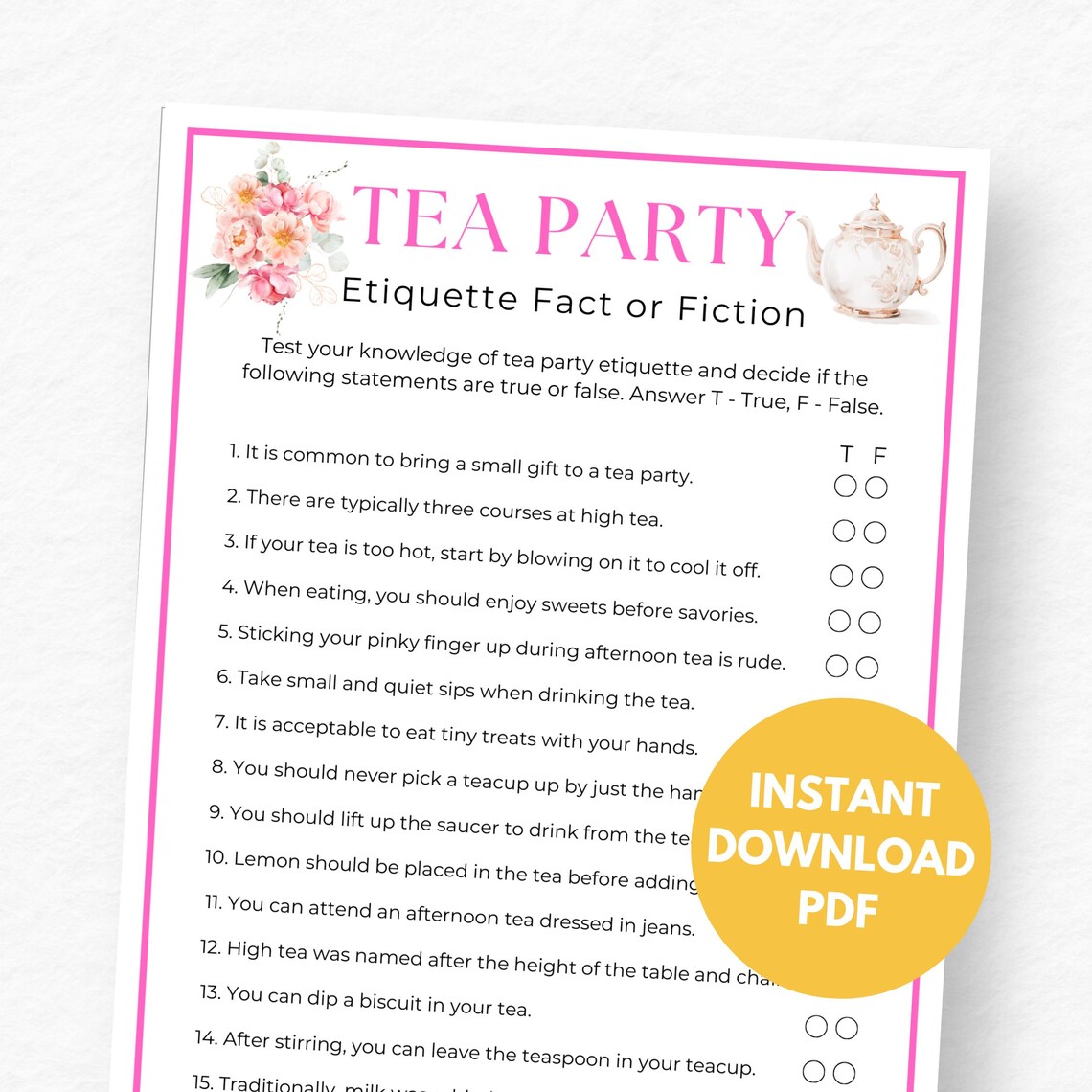 Tea Party Activities, Tea Party Etiquette, Printable Bridal Shower ...