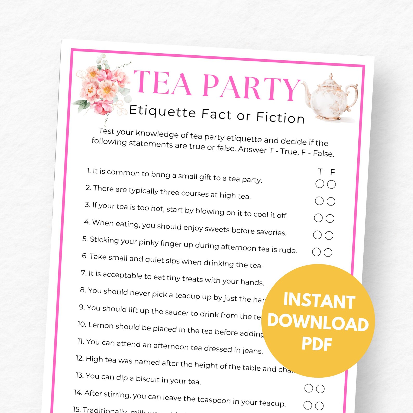 Tea Party Activities, Tea Party Etiquette, Printable Bridal Shower ...
