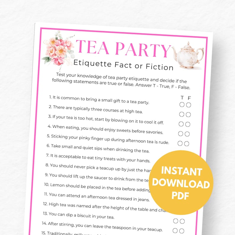 Tea Party Activities, Tea Party Etiquette, Printable Bridal Shower ...