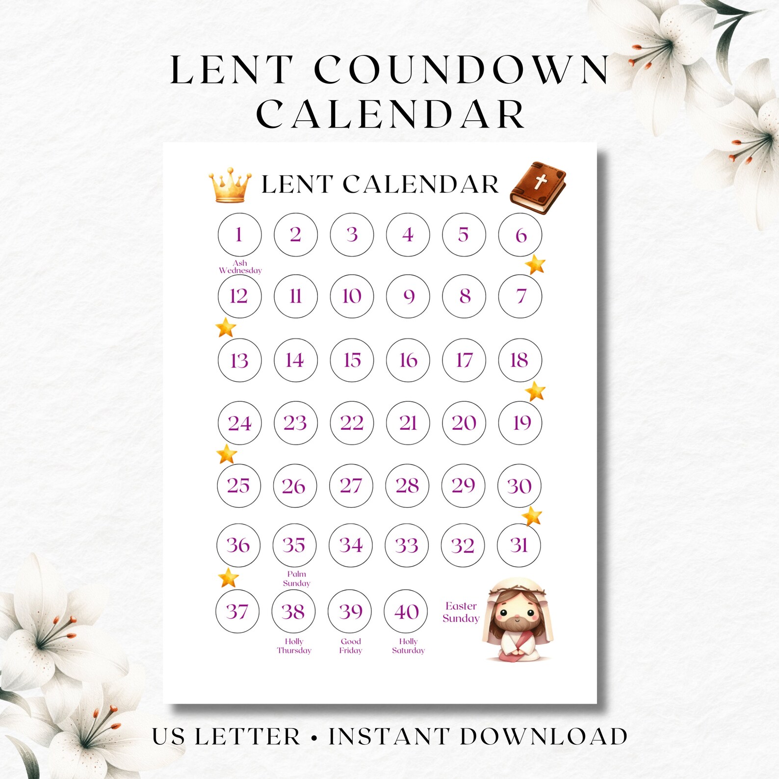 40 Days Lenten Calendar,40 Days Lent Countdown Calendar for Kids,ash ...