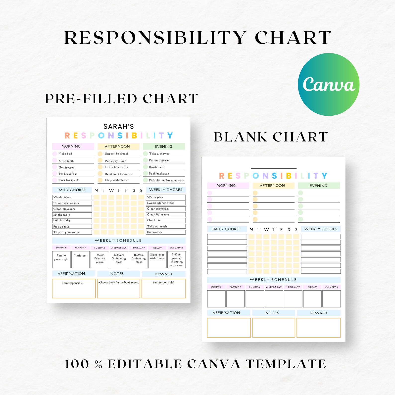 Responsibility Chart,chore Chart for Kids,editable Chore Chart,chore ...