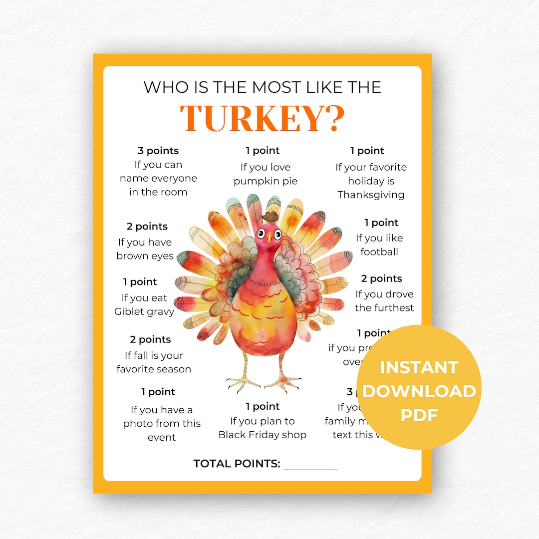 Printable Thanksgiving Game, Thanksgiving Most Like the Turkey Game ...