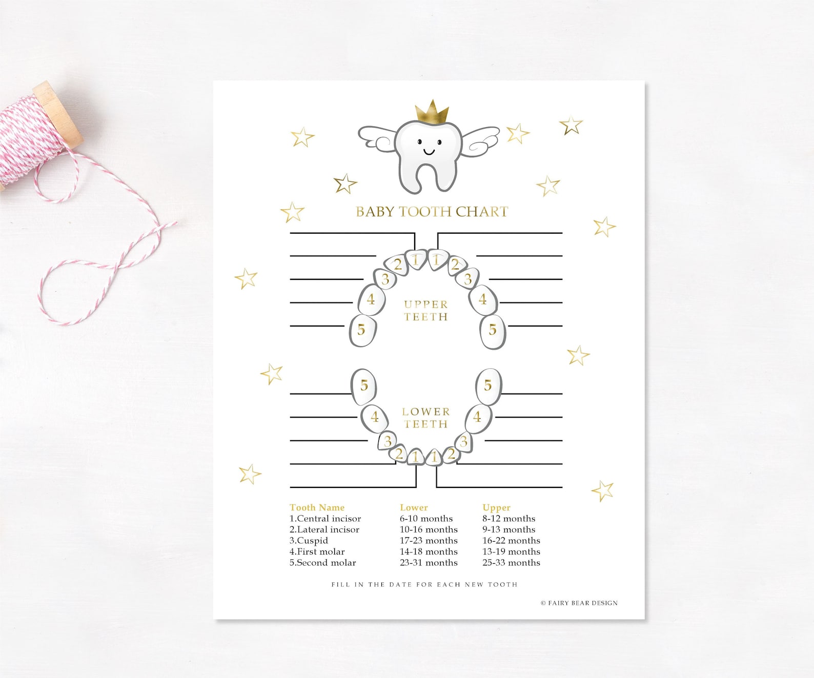 BABY Tooth Chart 5 X 7 - Gold Baby Tooth Chart - Baby Keepsake - Baby ...