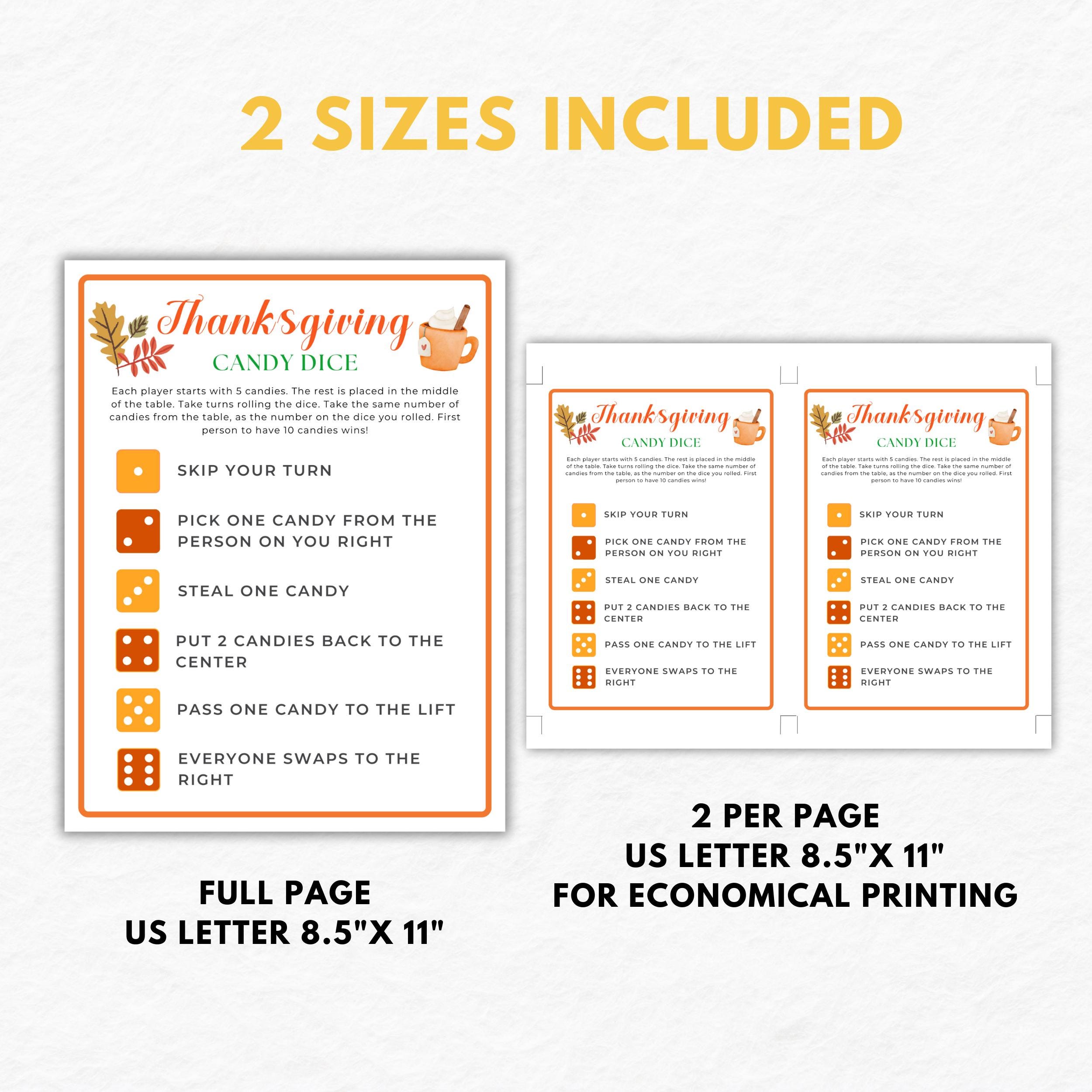 Thanksgiving Candy Dice Game, Thanksgiving Printable Game,thanksgiving ...