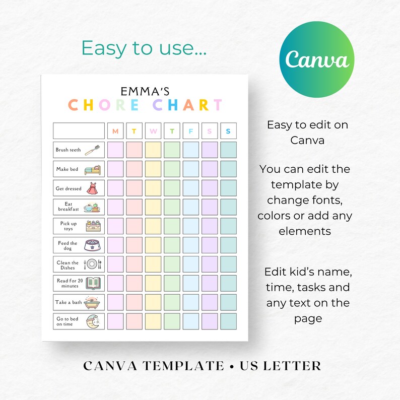 Printable Editable Weekly Chore Chart, Visual Schedule for Kids ...