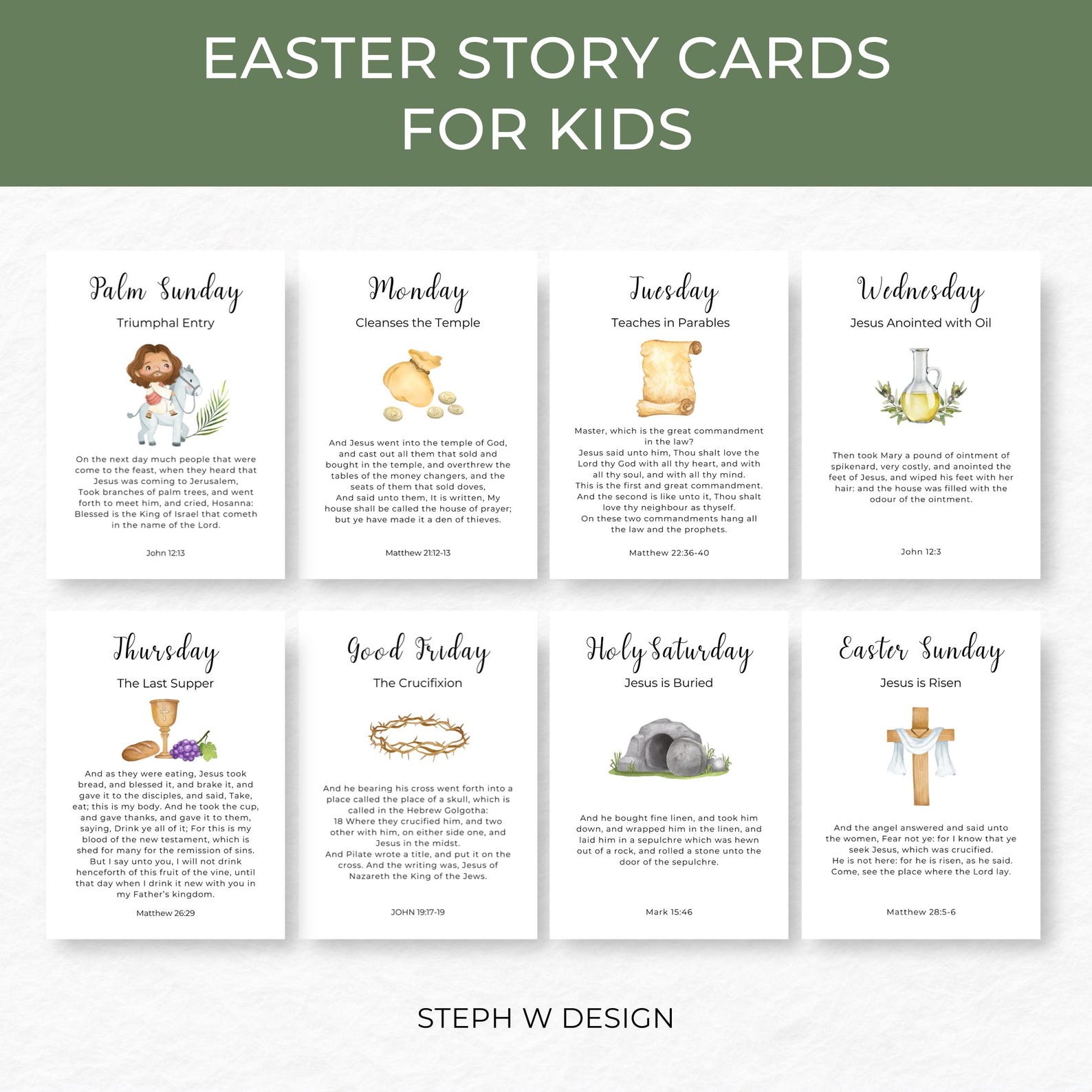Easter Story Cards for Kids, Holy Week Study Cards, Easter Scripture ...