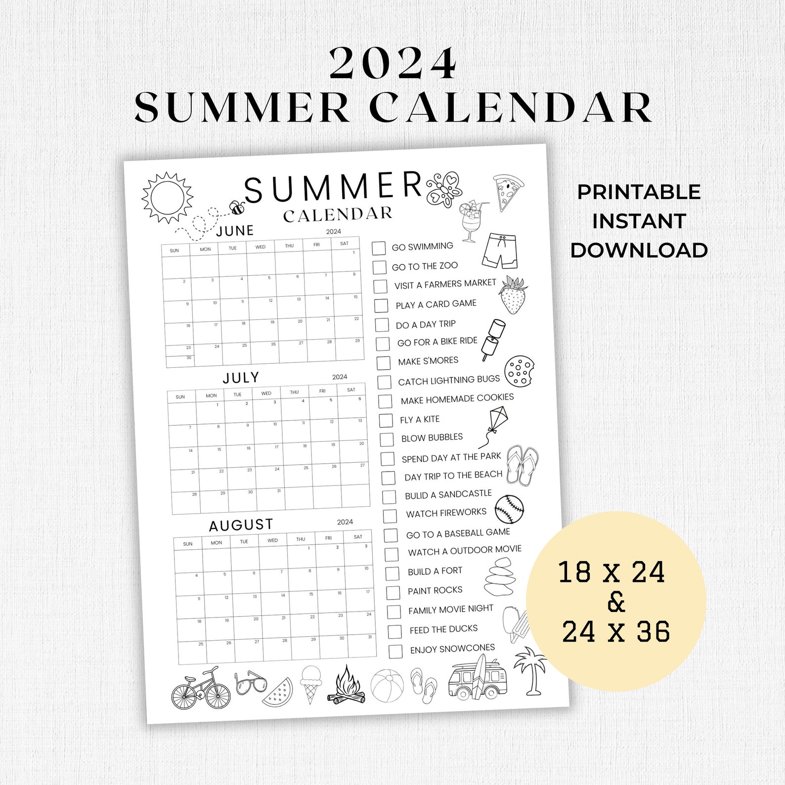 Summer Calendar 2024, Kid Summer Schedule, Summer Checklist, Summer ...