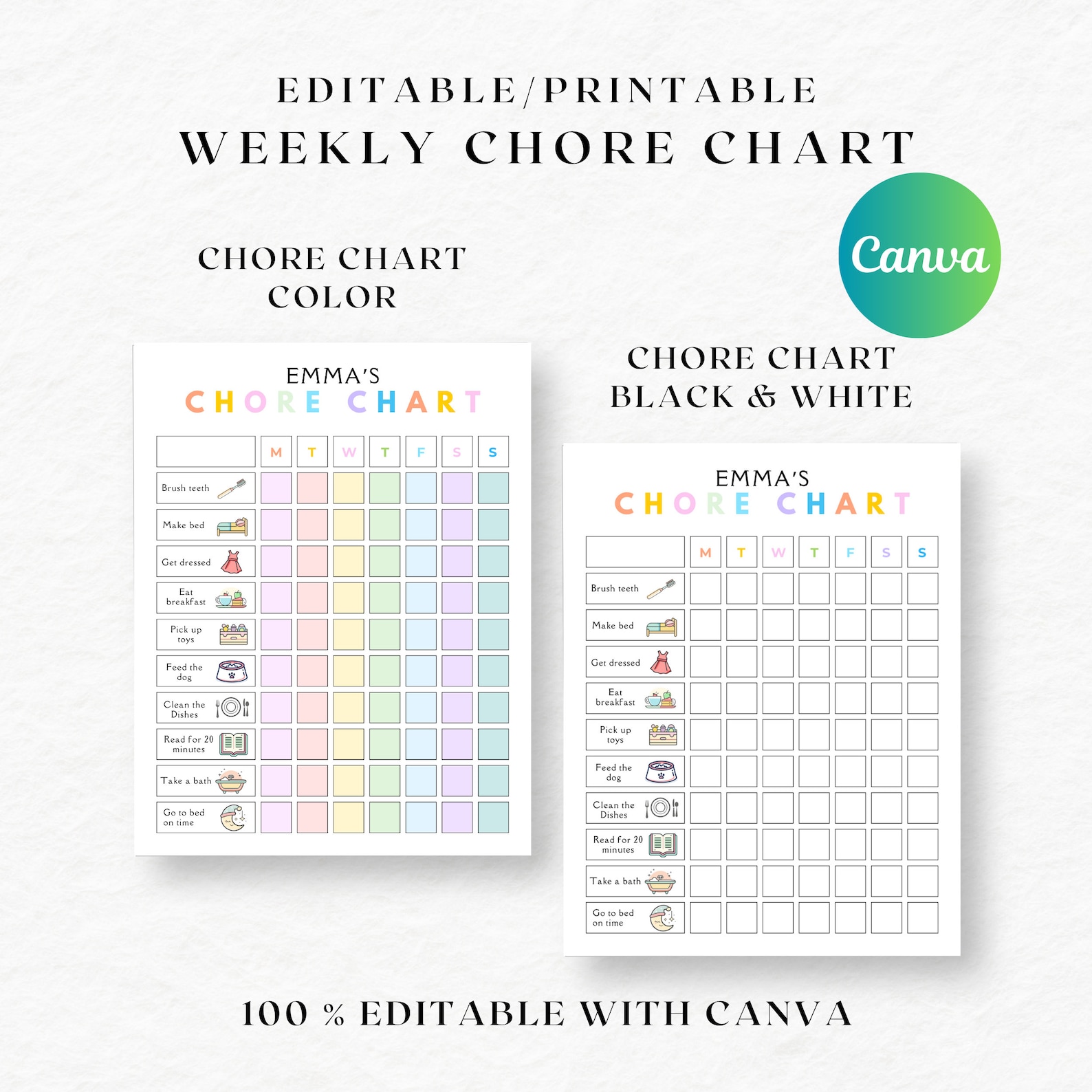 Printable Editable Weekly Chore Chart, Visual Schedule for Kids ...