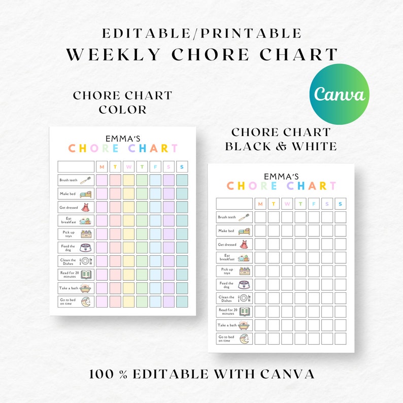 Printable Editable Weekly Chore Chart, Visual Schedule for Kids ...