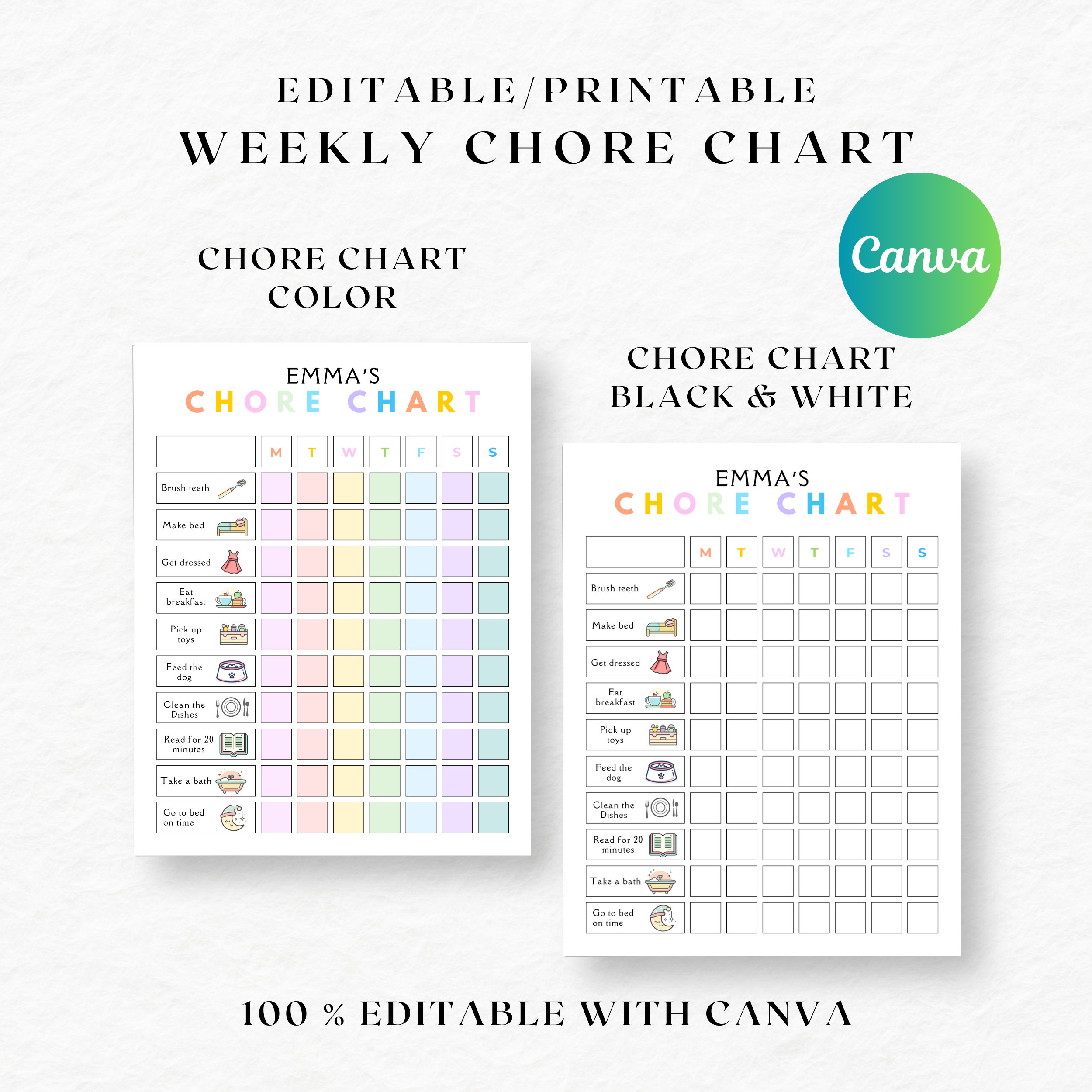Printable Editable Weekly Chore Chart, Visual Schedule for Kids ...