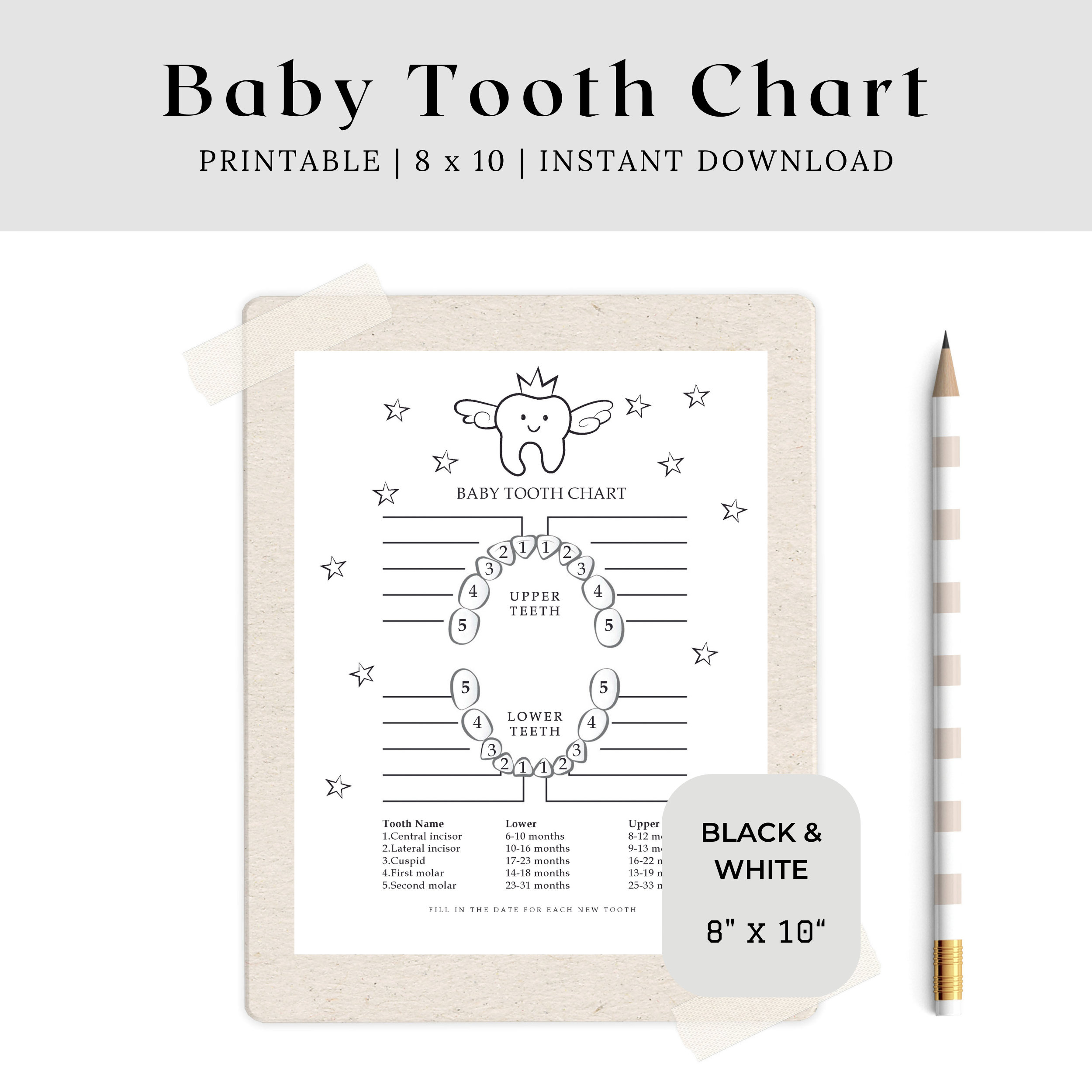Baby Tooth Chart 8 X 10, Baby Shower Gift, Tooth Fairy Pillow, Baby ...