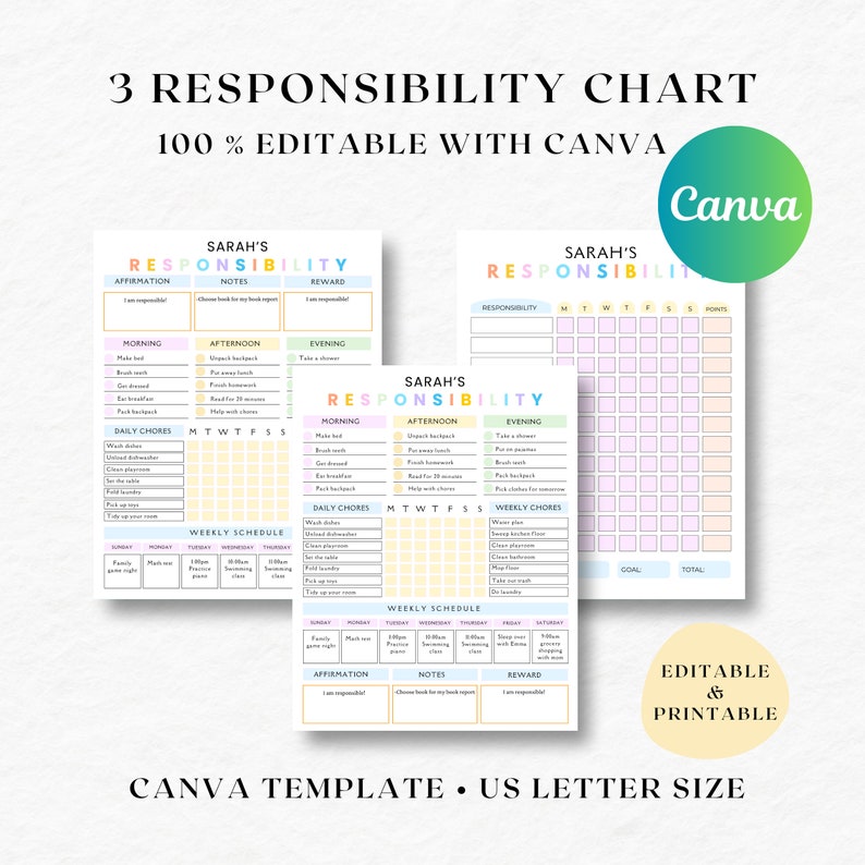 Responsibility Chart,chore Chart for Kids,editable Chore Chart,chore ...