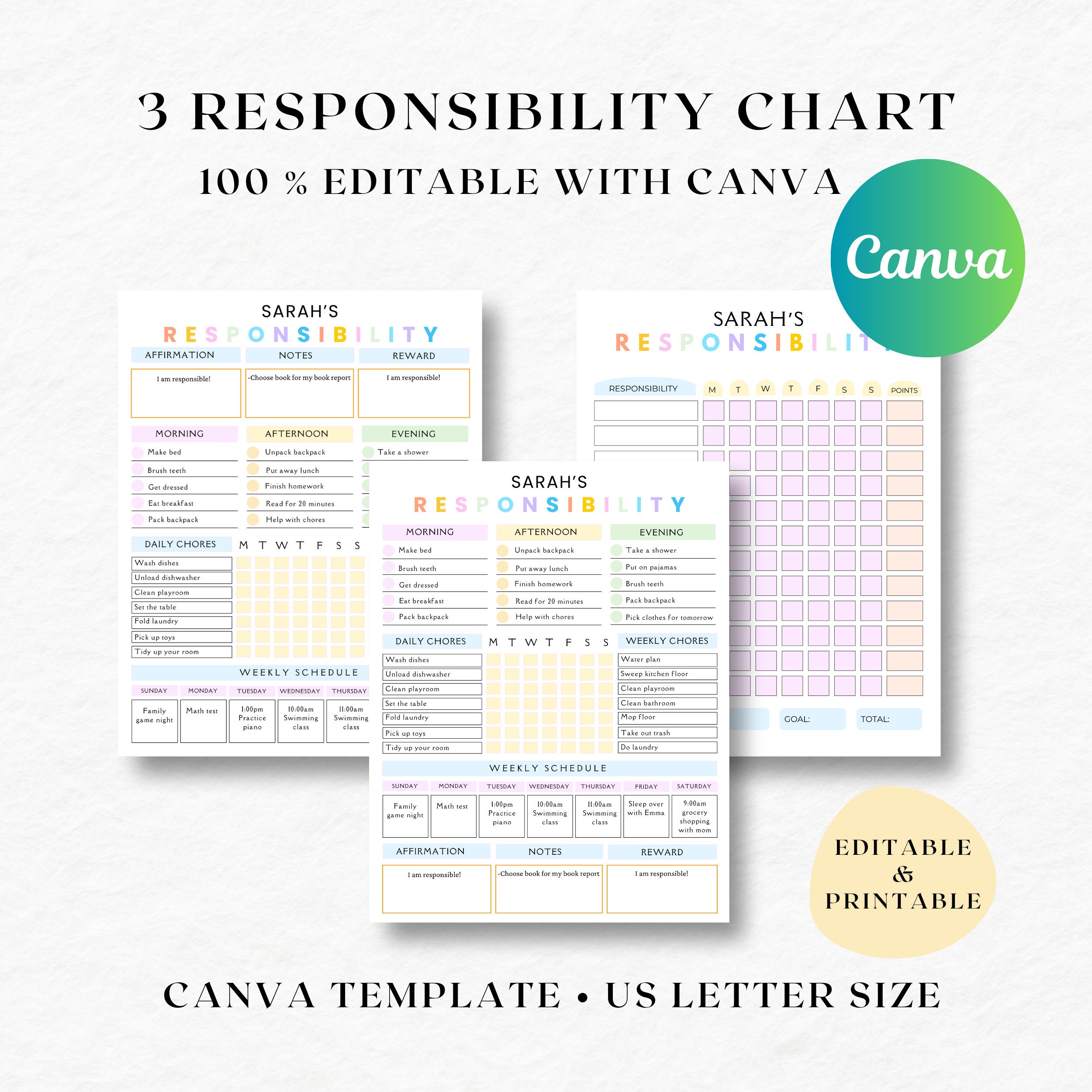 Responsibility Chart,chore Chart for Kids,editable Chore Chart,chore ...