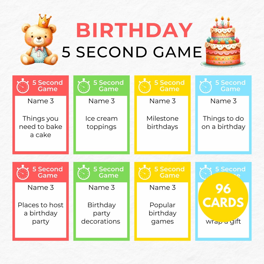 Birthday 5 Second Game,printable Party Game,5 Second Rule Game,office ...