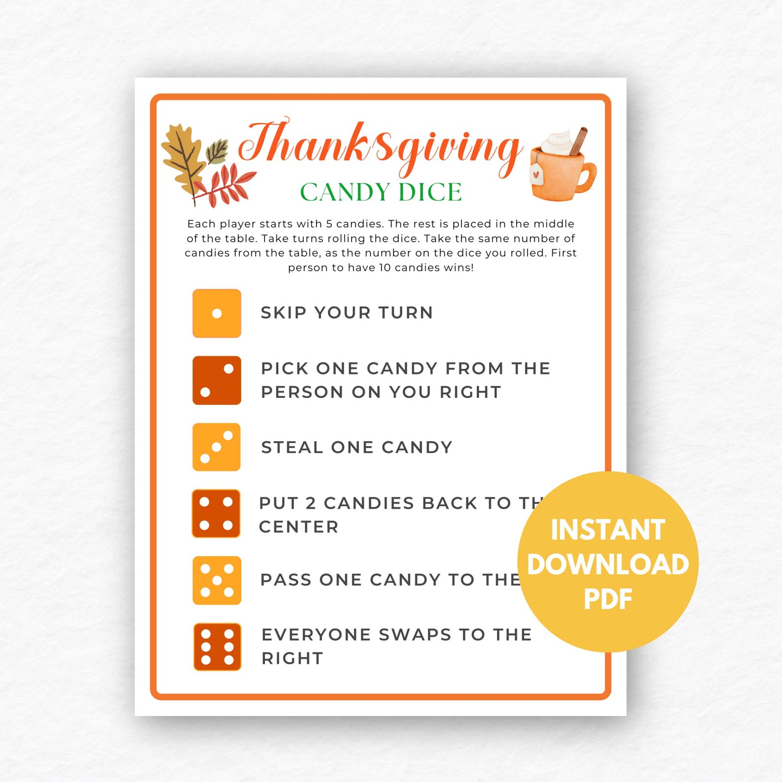 Thanksgiving Candy Dice Game, Thanksgiving Printable Game,thanksgiving ...