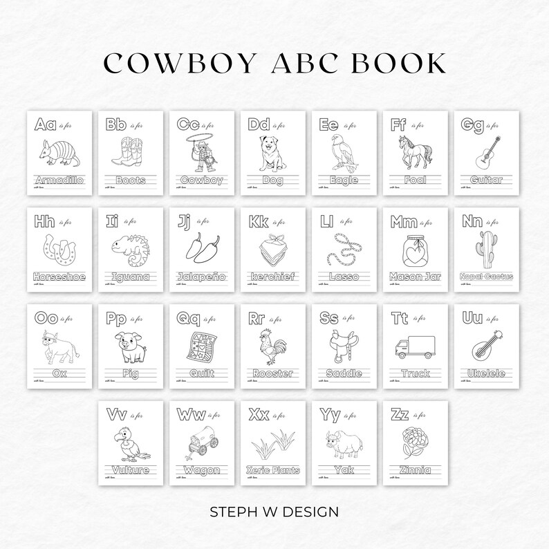 Western Cowboy ABC Coloring Book, Cowboy Baby Shower, Printable Cowboy ...