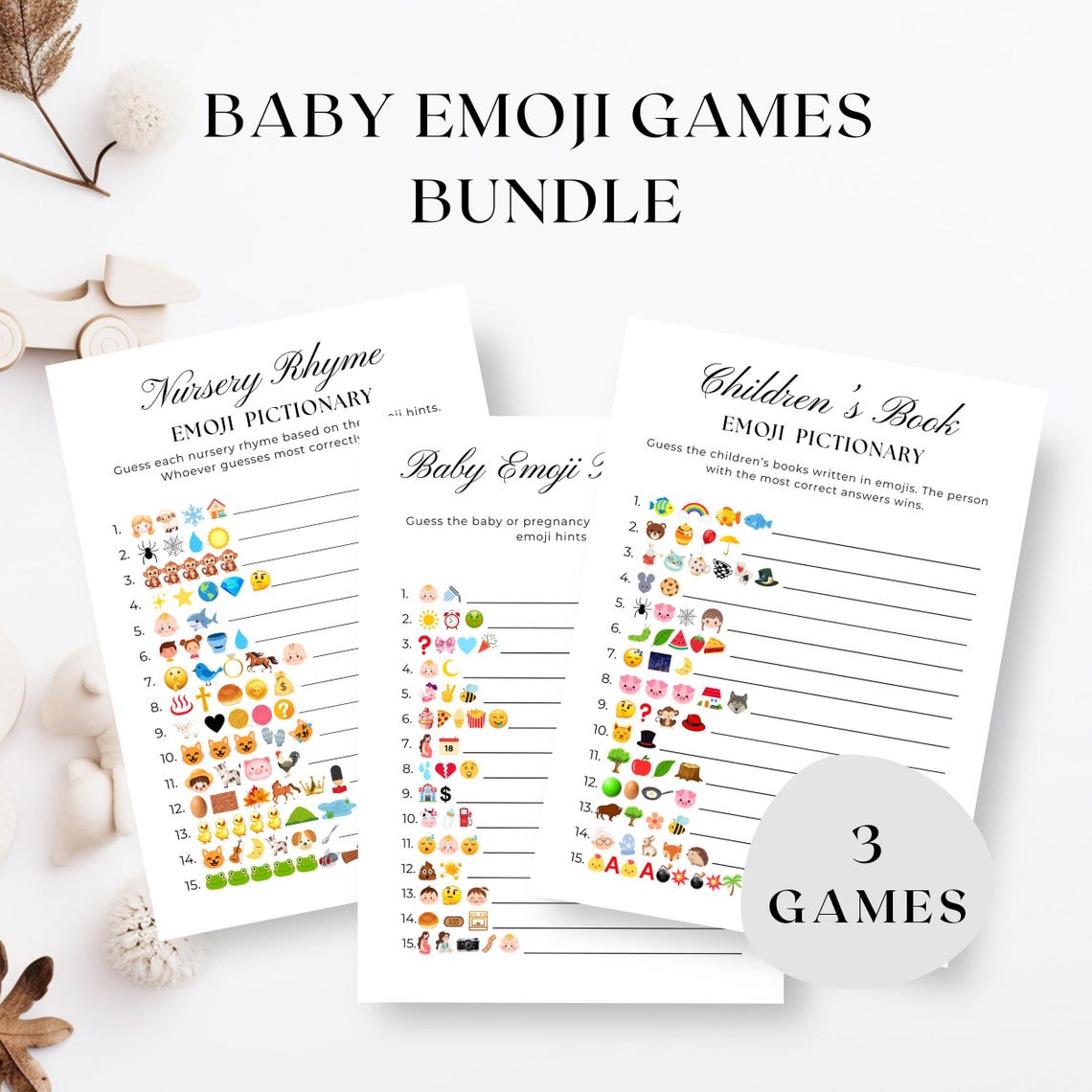 Nursery Rhyme Pictionary Games Bundle, Baby Shower Emoji, Instant ...