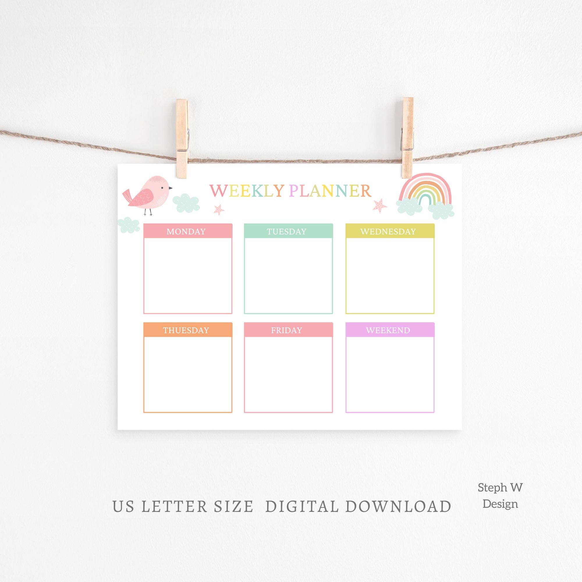 Kids Weekly Planner, Printable Weekly Planner, Rainbow Daily Planner ...
