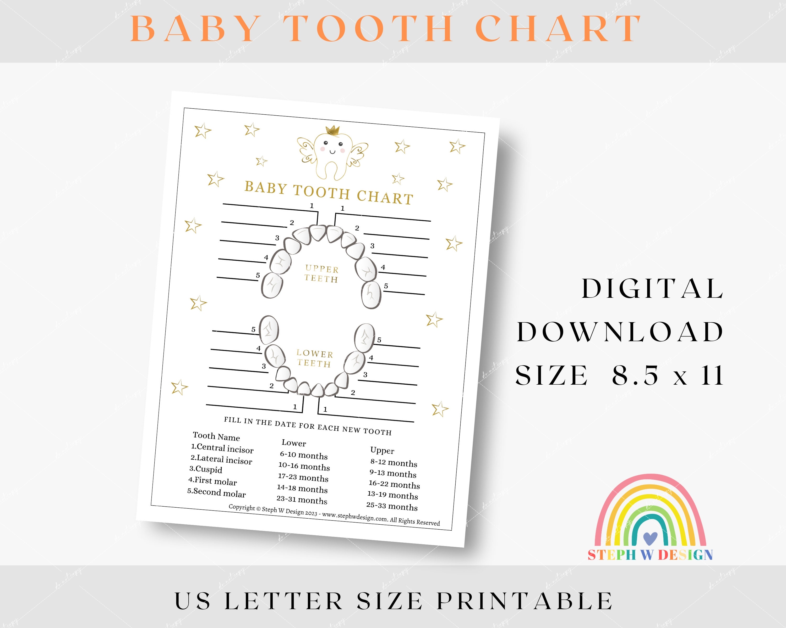 Printable Baby Tooth Chart, Gold Tooth Fairy Chart, Baby Keepsake, Baby ...