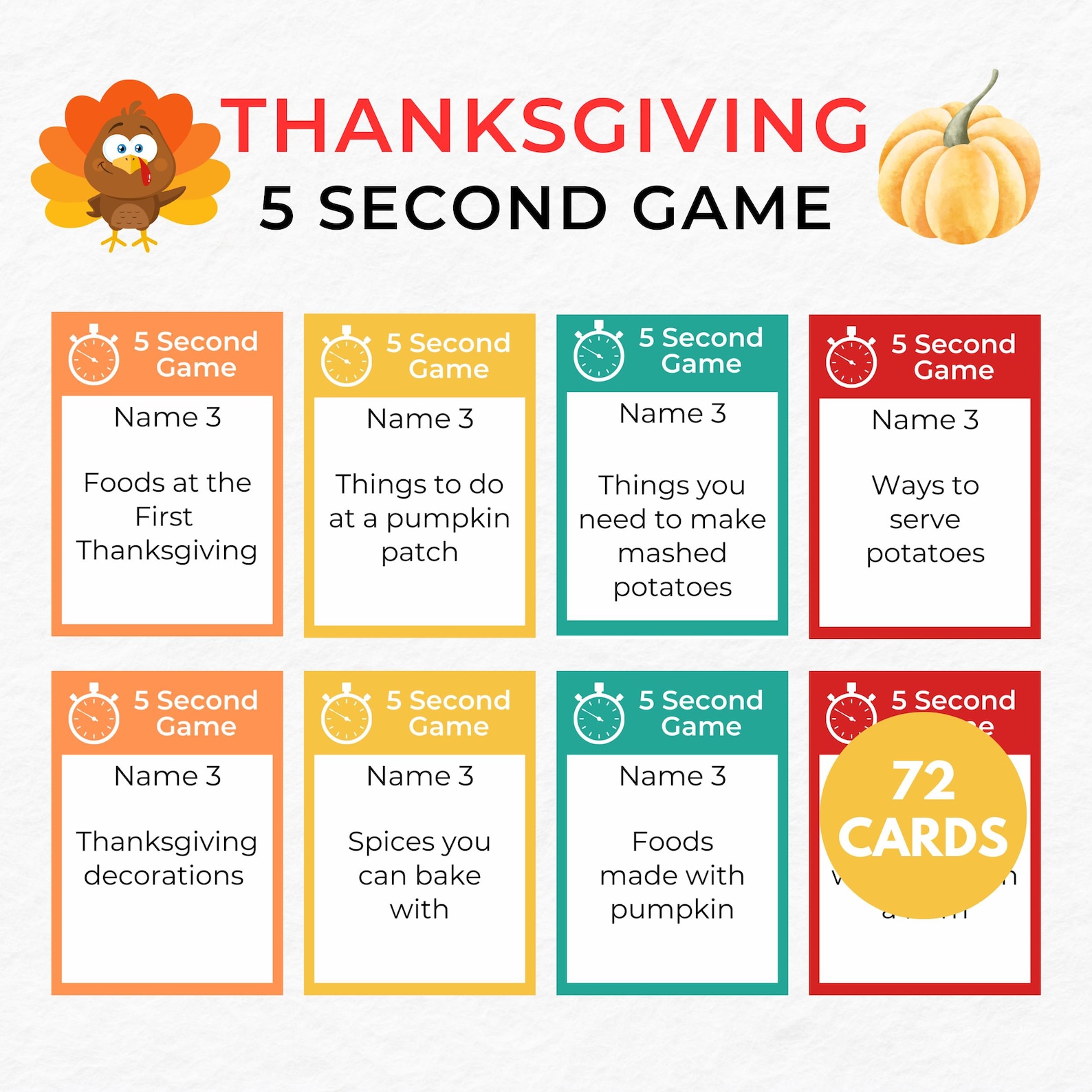 Thanksgiving 5 Second Game | Printable Thanksgiving Game | Thanksgiving ...