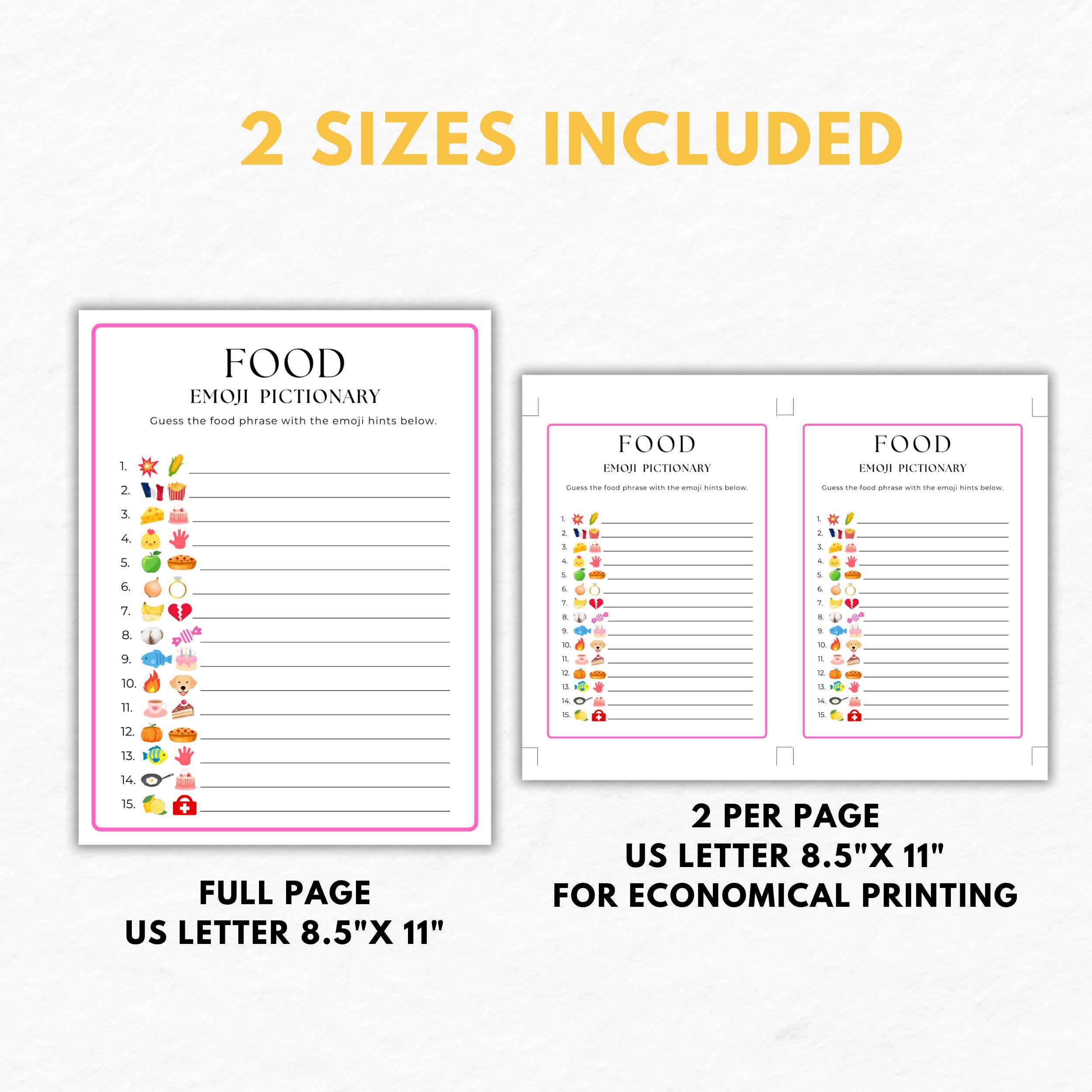 Food Emoji Pictionary, Emoji Game, Printable Game, Family Game Night ...