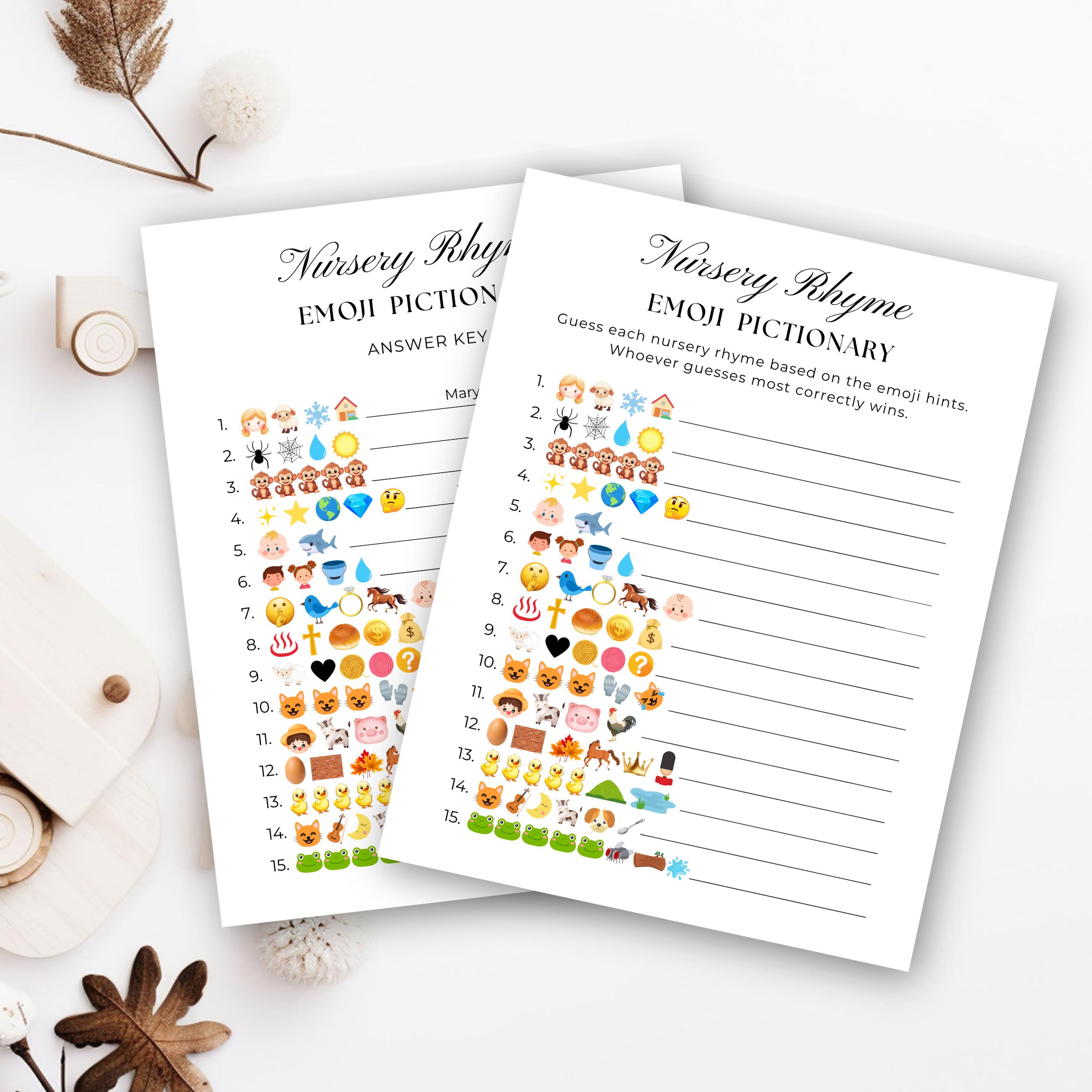 Nursery Rhyme Pictionary | Instant Download | Baby Emoji Game | Gender ...