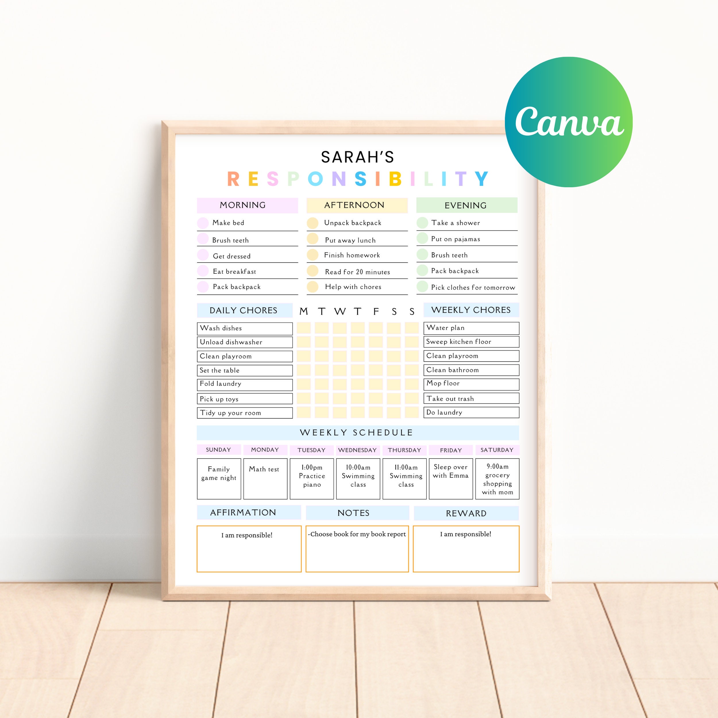Responsibility Chart,chore Chart for Kids,editable Chore Chart,chore ...