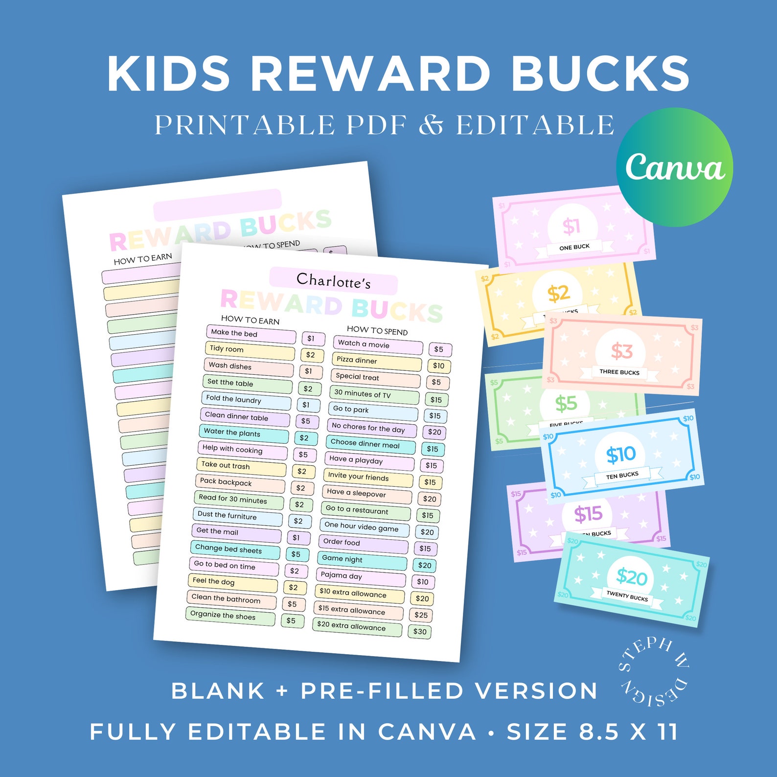 Editable Kids Reward Bucks, Mom Bucks, Chore Bucks for Kids, Reward ...