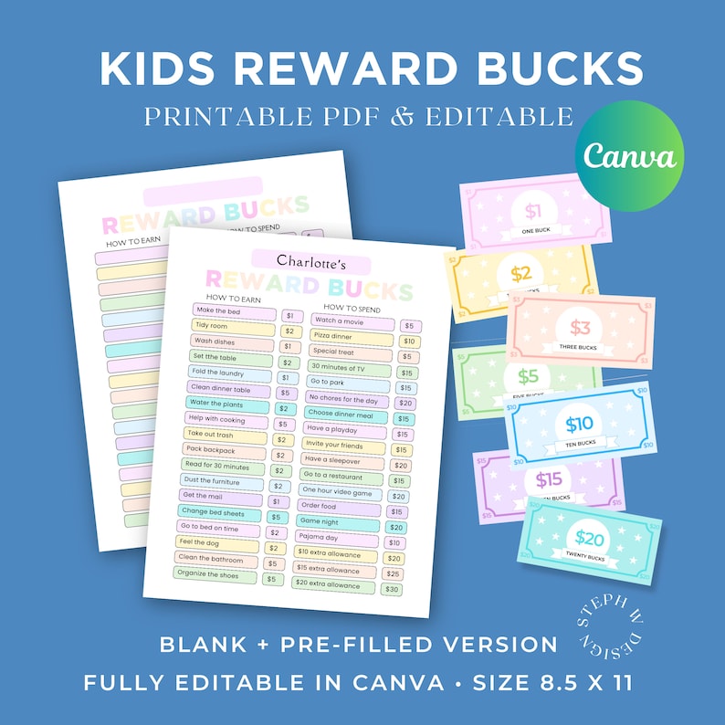 Editable Kids Reward Bucks, Mom Bucks, Chore Bucks for Kids, Reward ...