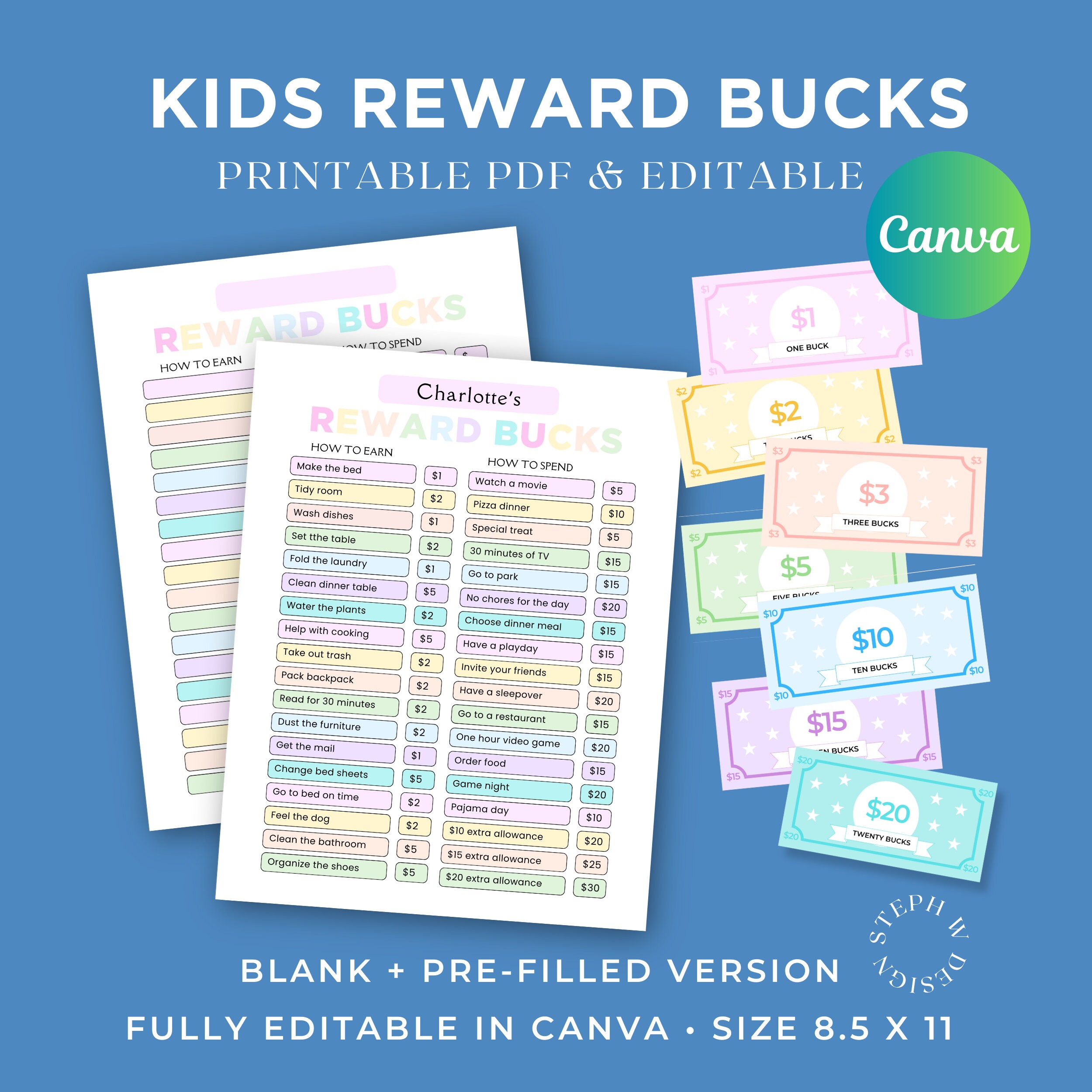 Editable Kids Reward Bucks, Mom Bucks, Chore Bucks for Kids, Reward ...