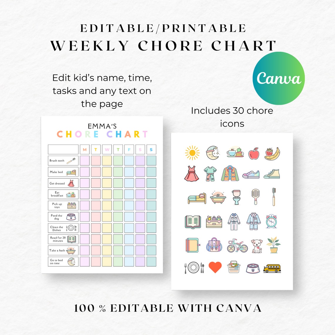 Printable Editable Weekly Chore Chart, Visual Schedule for Kids ...