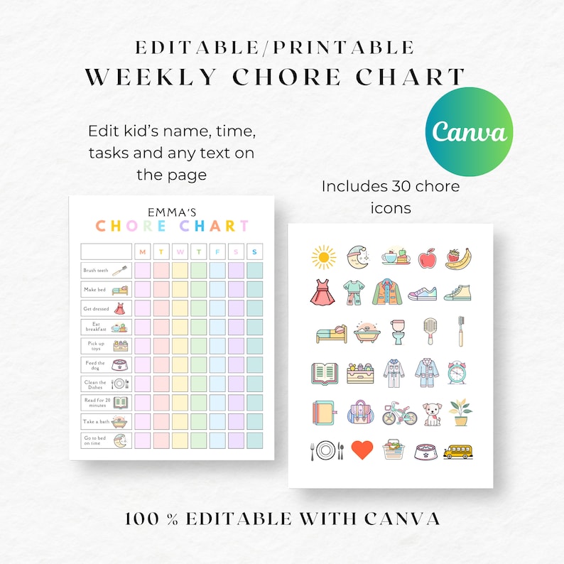Printable Editable Weekly Chore Chart, Visual Schedule for Kids ...