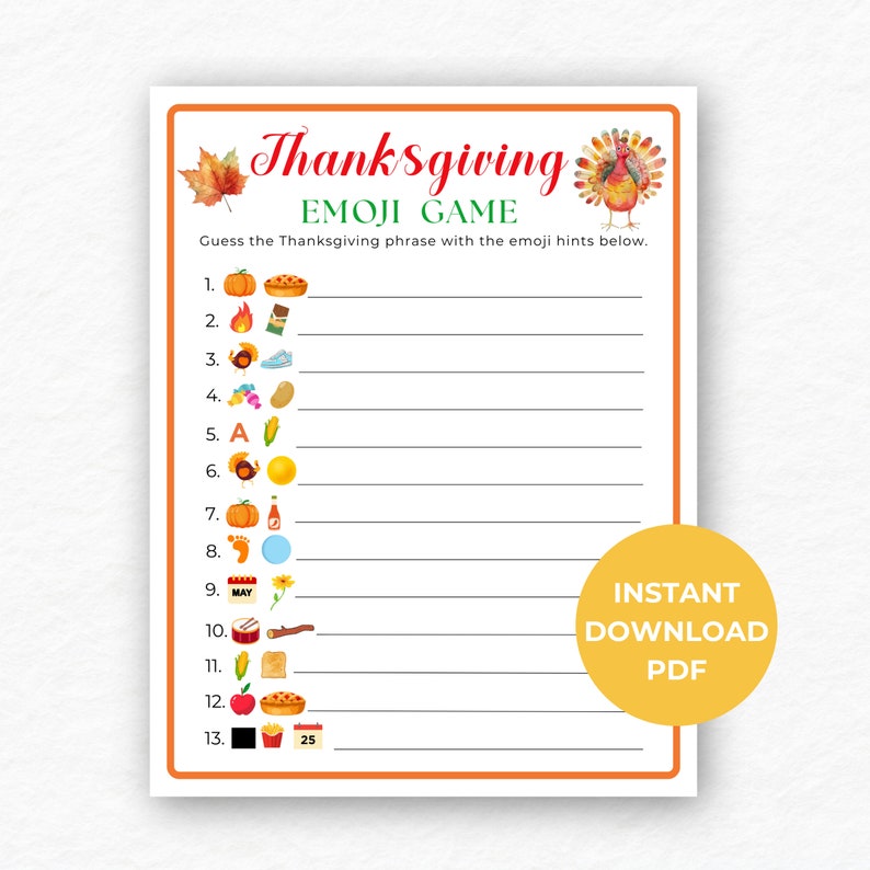 Thanksgiving Emoji Pictionary,thanksgiving Printable Game,thanksgiving ...