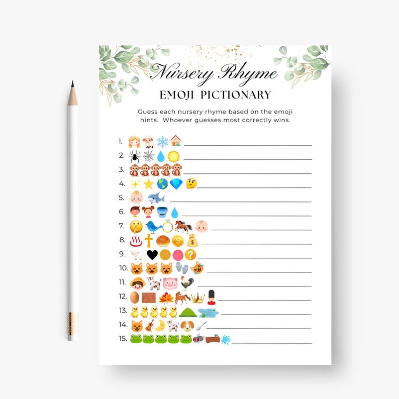 Nursery Rhyme Pictionary | Instant Download | Baby Emoji Game | Gender ...