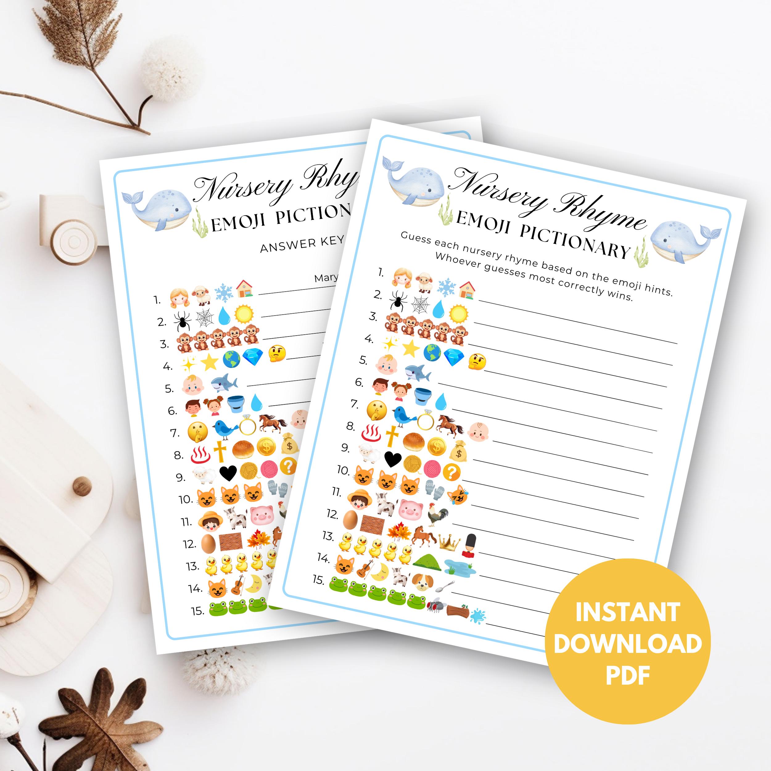 Nursery Rhyme Pictionary | Instant Download | Baby Emoji Game | Gender ...