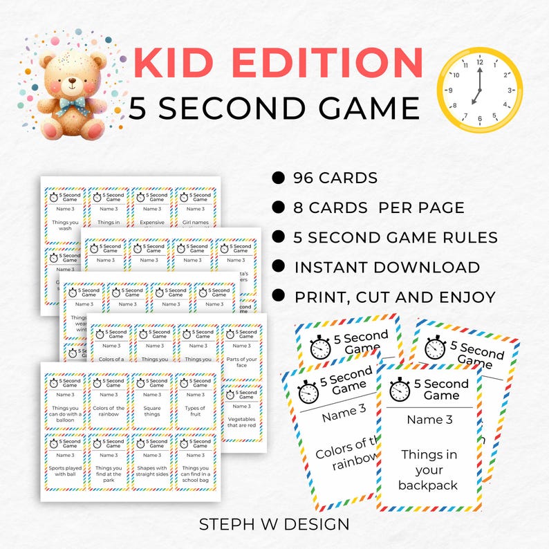 Printable 5 Second Game for Kids, Birthday Party Games, Kid-edition, 5 ...