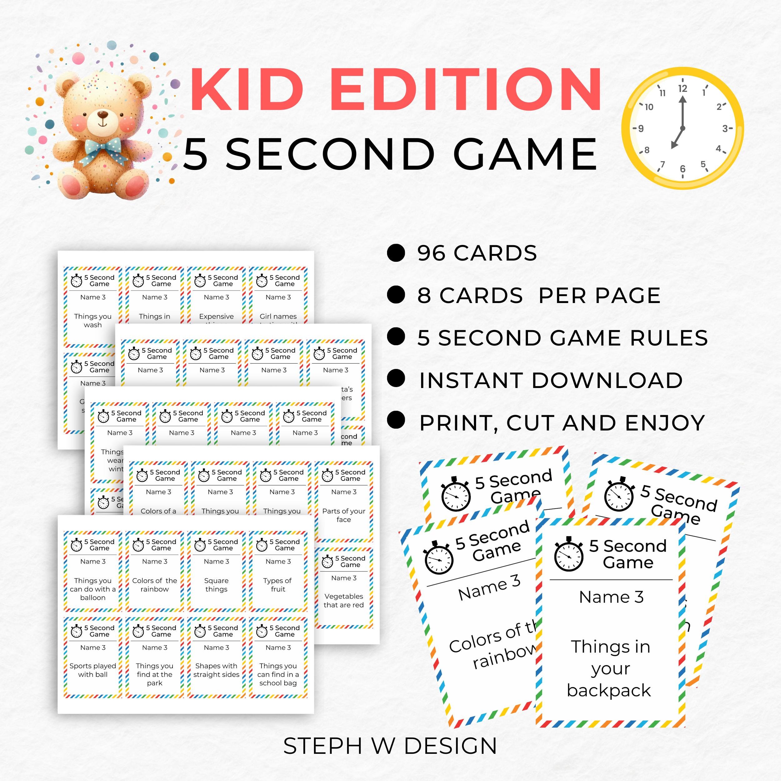 Printable 5 Second Game for Kids, Birthday Party Games, Kid-edition, 5 ...