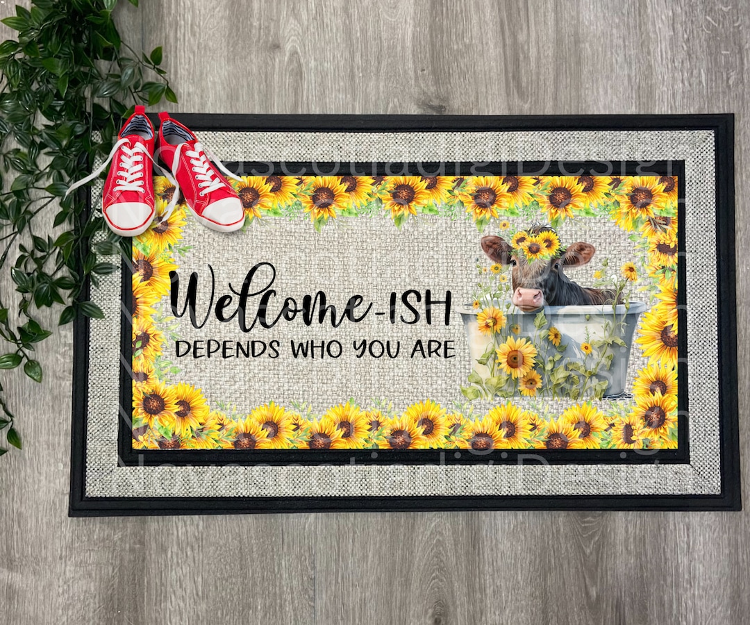 Welcome-ish, Highland Cow and Sunflowers, Door Mat Design, Farmhouse ...