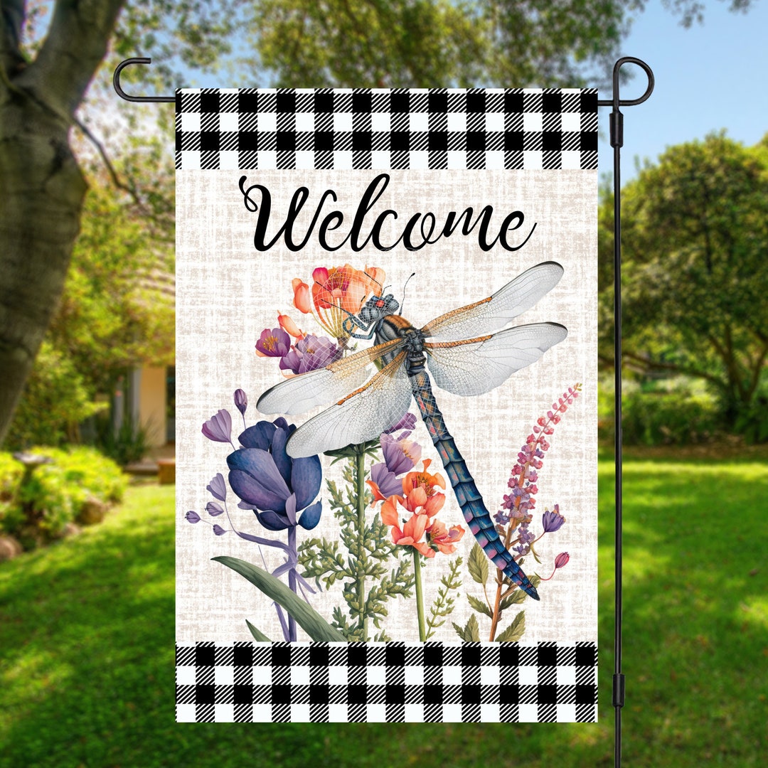 12x18 Garden Flag Sublimation Design, Flowers and Dragonfly, Welcome ...