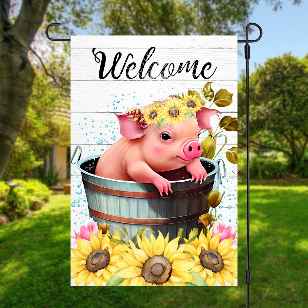 12x18 Garden Flag Sublimation Design, Welcome, Pig With Sunflowers ...