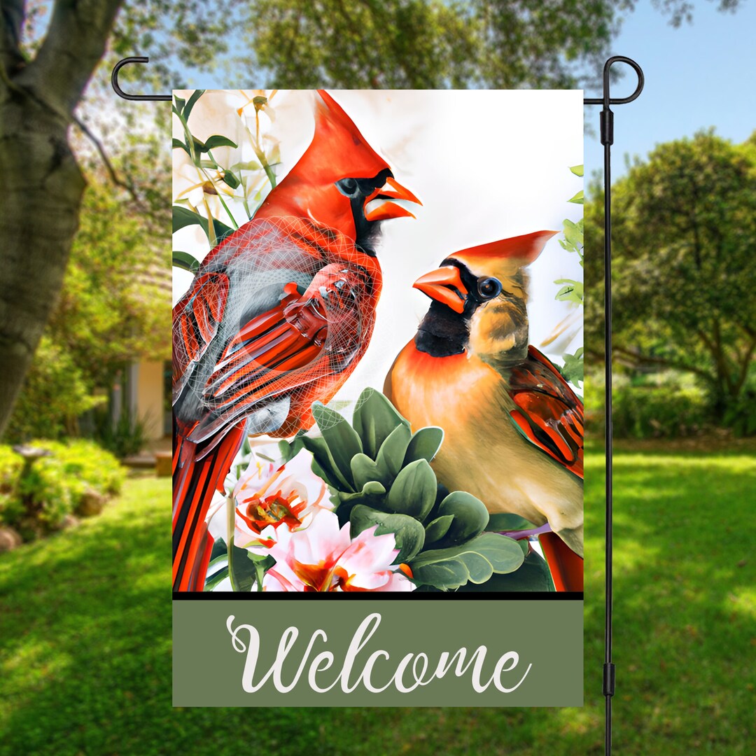 12x18 Garden Flag Sublimation Design, Flowers and Cardinal, Welcome ...