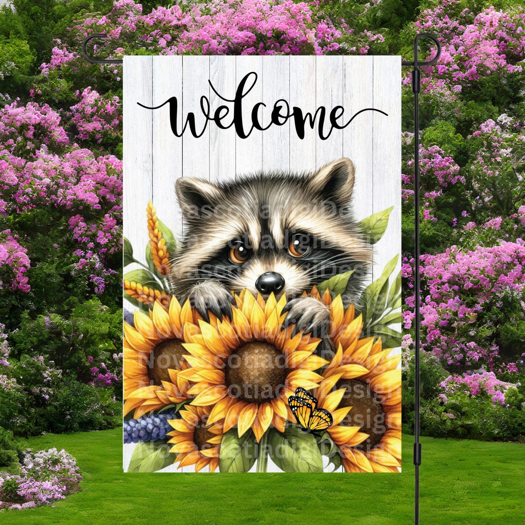 12x18 Garden Flag Sublimation Design, Spring Garden Flag, Raccoon and ...