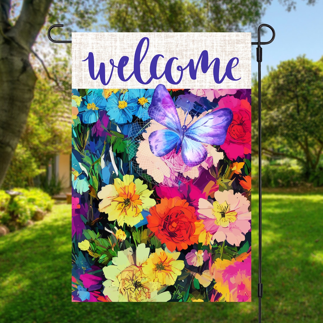 12x18 Garden Flag Sublimation Design, Flowers and Butterfly, Welcome ...
