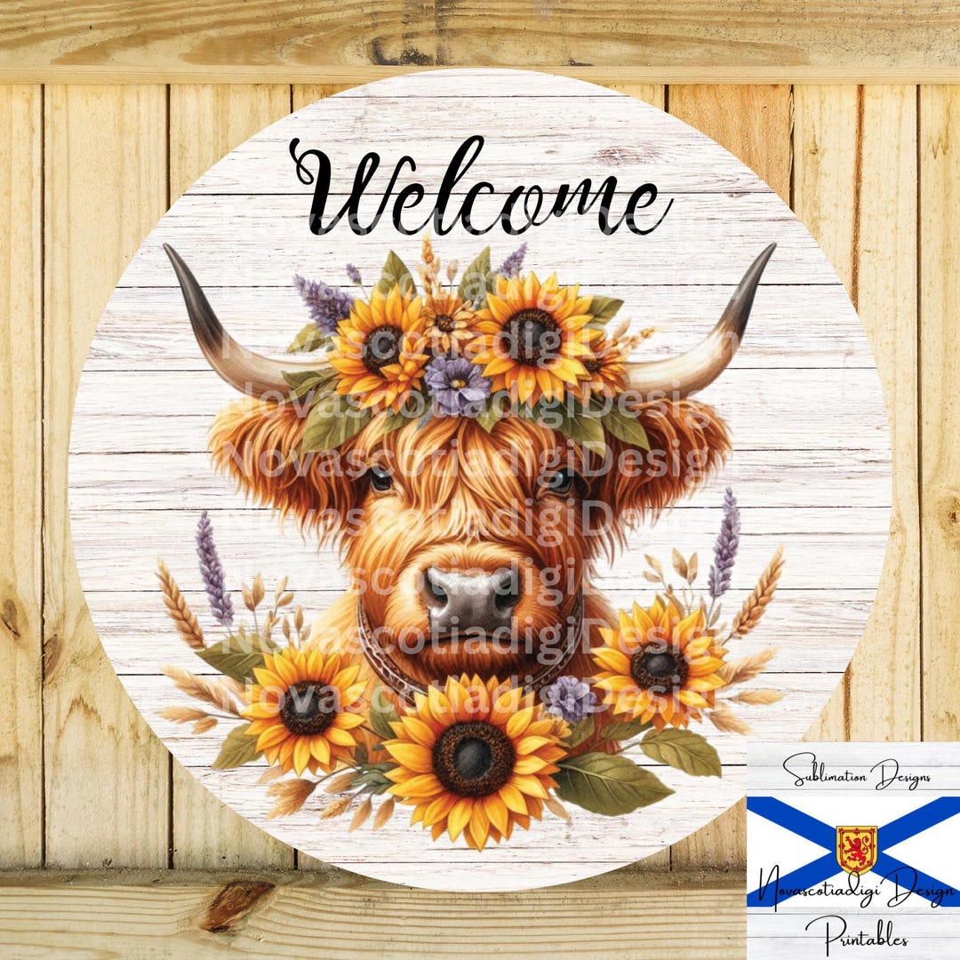 Highland Cow Round, Welcome, Wreath Sign PNG, Round Digital Design ...
