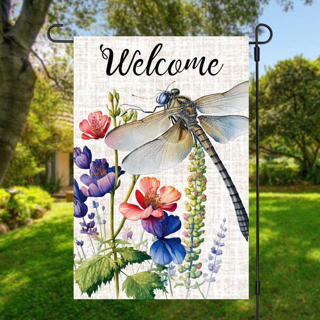 12x18 Garden Flag Sublimation Design, Dragonfly and Flowers, Welcome ...