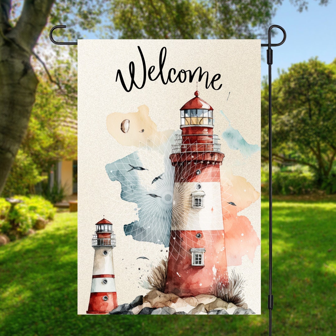 12x18 Garden Flag Sublimation Design, Welcome, Watercolor Lighthouse ...
